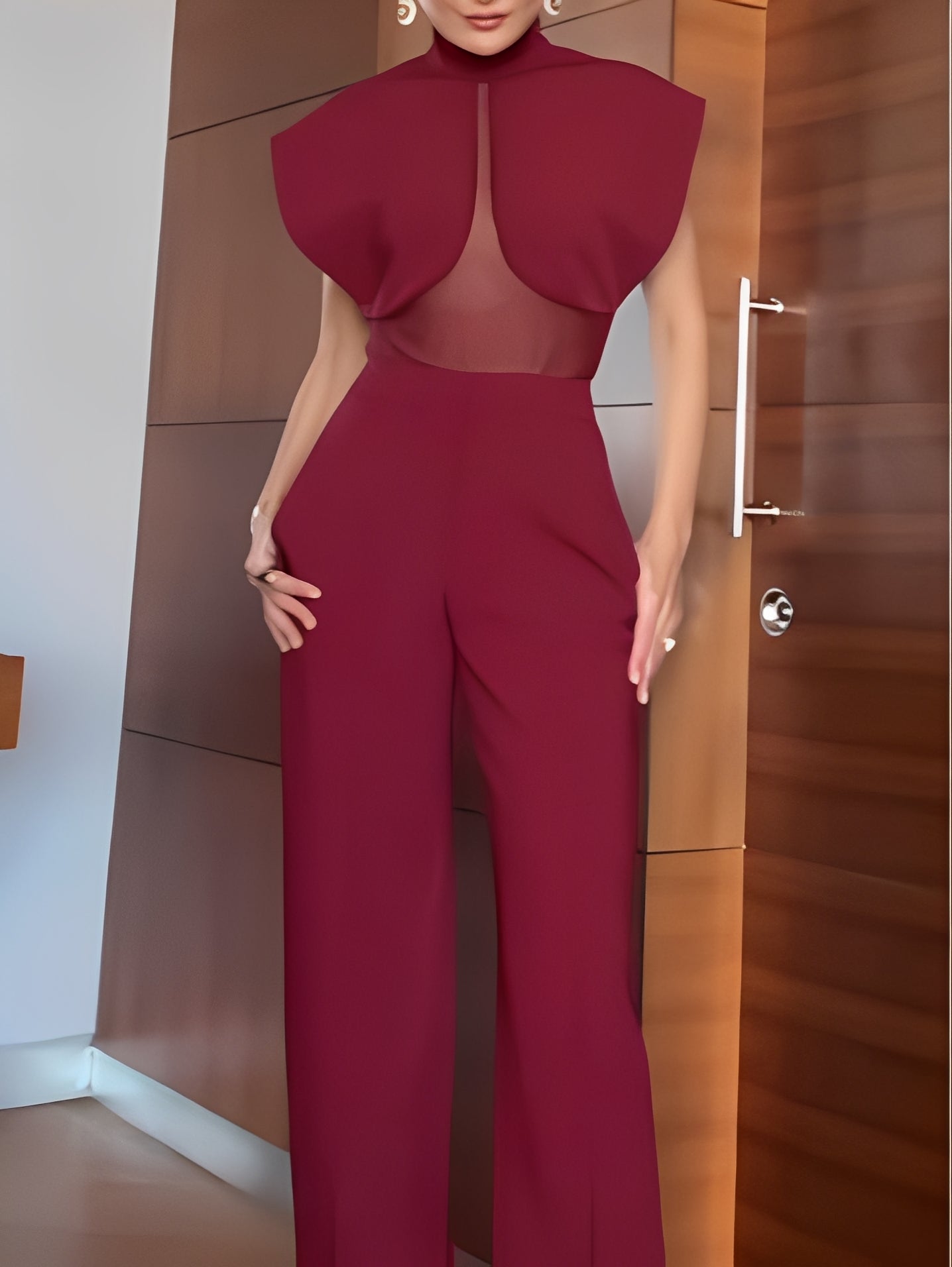 Burgundy patchwork sheer mesh top and trousers set – Samberule