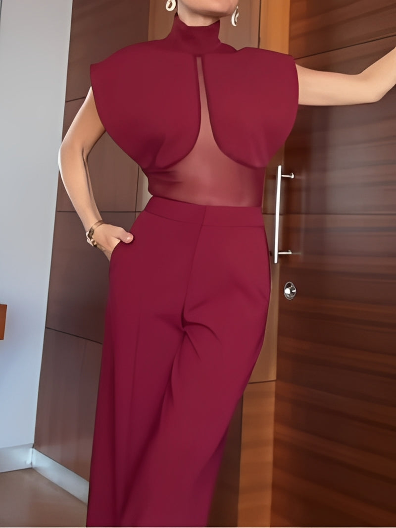 Burgundy patchwork sheer mesh top and trousers set – Samberule