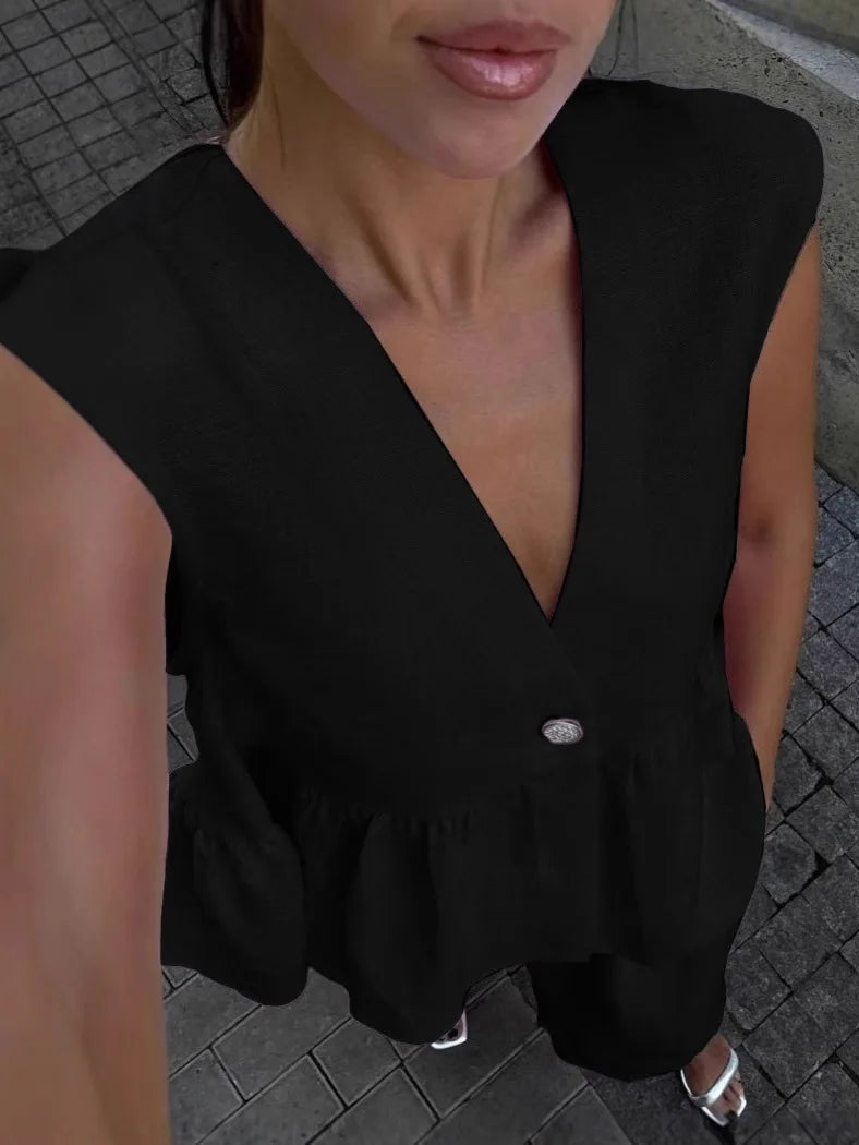 Cotton and linen V-neck ruffled two-piece suit – Samberule