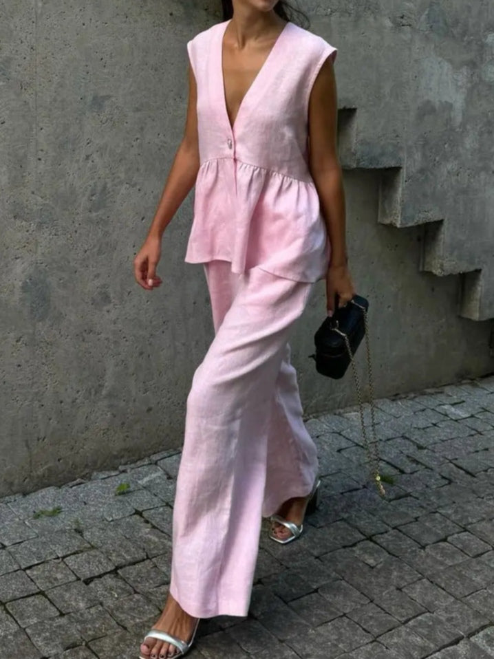 Cotton and linen V-neck ruffled two-piece suit – Samberule